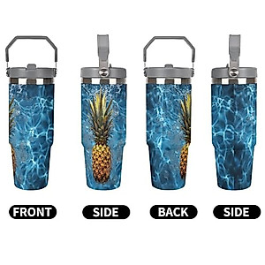 BWQJKUO Large Capacity Car Cup 30 Oz Stainless Steel Pineapple in The Pool Printed Travel Mug Leak-proof Flip Straw Tumbler with Handle,keeps Cold Or Ho