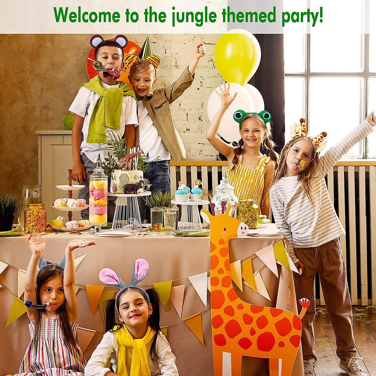 Flying Childhood 16Pcs Jungle Animal Ears Headbands as Safari Party Favors Wild One Birthday Decorations Plush Animal Headpiece for Kids Adults