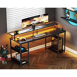 ODK 63 inch Computer Desk with Power Outlets & LED Lights, Gaming Desk with Monitor Stand & Storage Sheves, Home Office Desk, Black