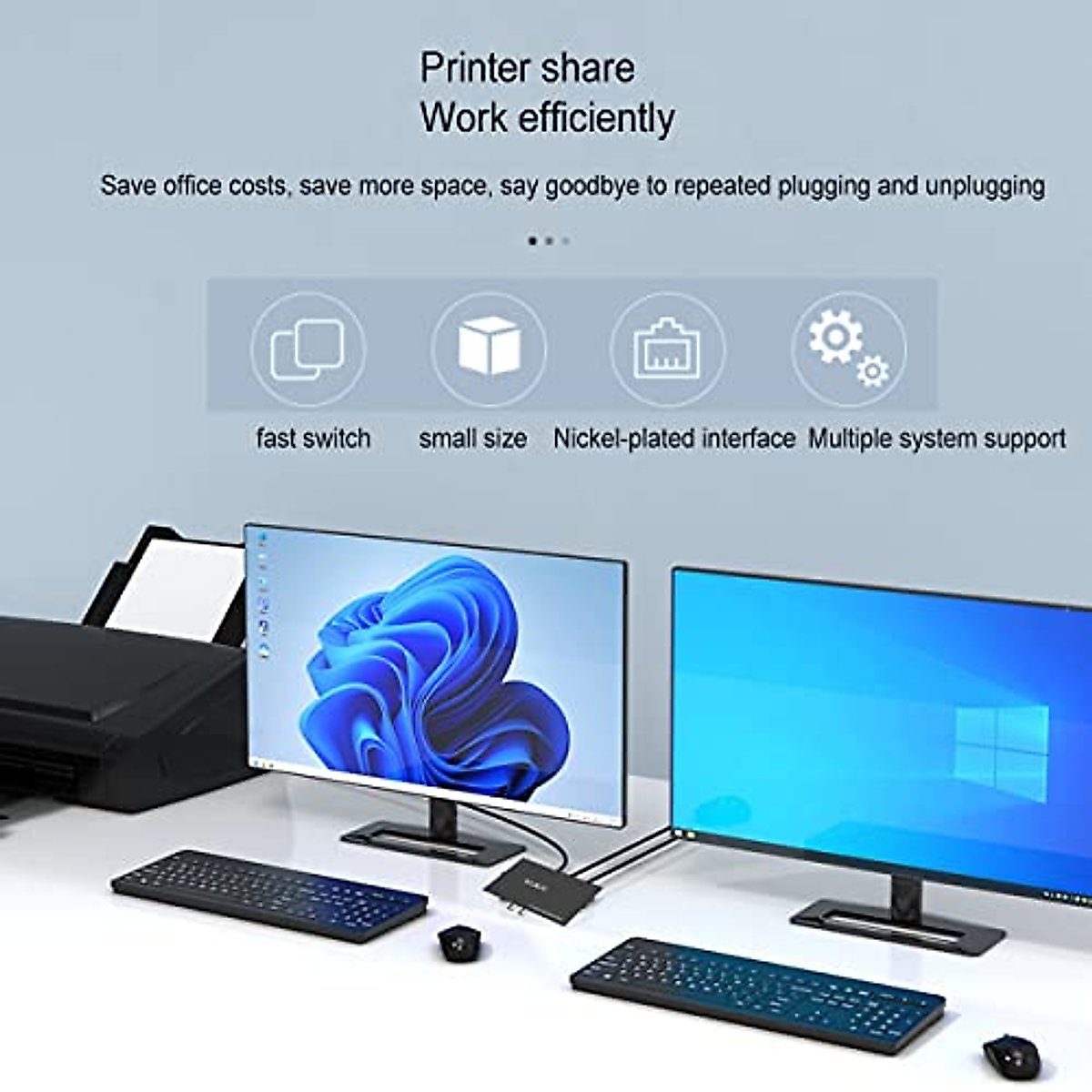 Printer Cable Splitter one Printer Two Computers, 2 Port USB Switch, USB 2.0 Manual Computer Printers Switch for Home Use with 2pcs 6 feet Print Cables Printer Cable Splitter