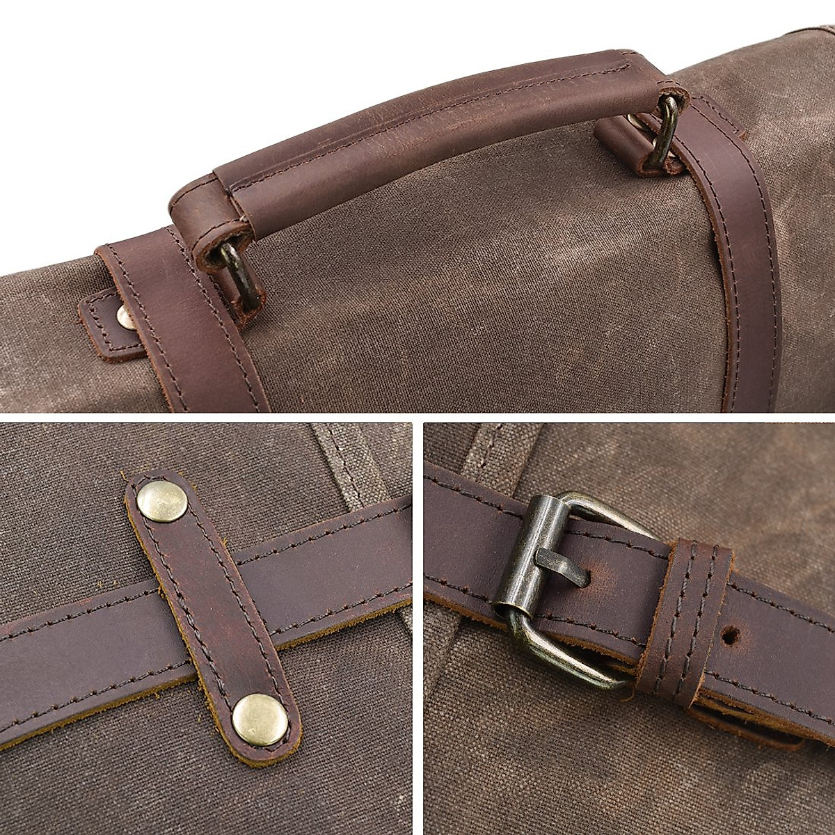 Mens Messenger Bag 15.6 Inch Waterproof Vintage Genuine Leather Waxed Canvas Briefcase Large Leather Computer Laptop Bag Rugged Satchel Shoulder Bag, Brown