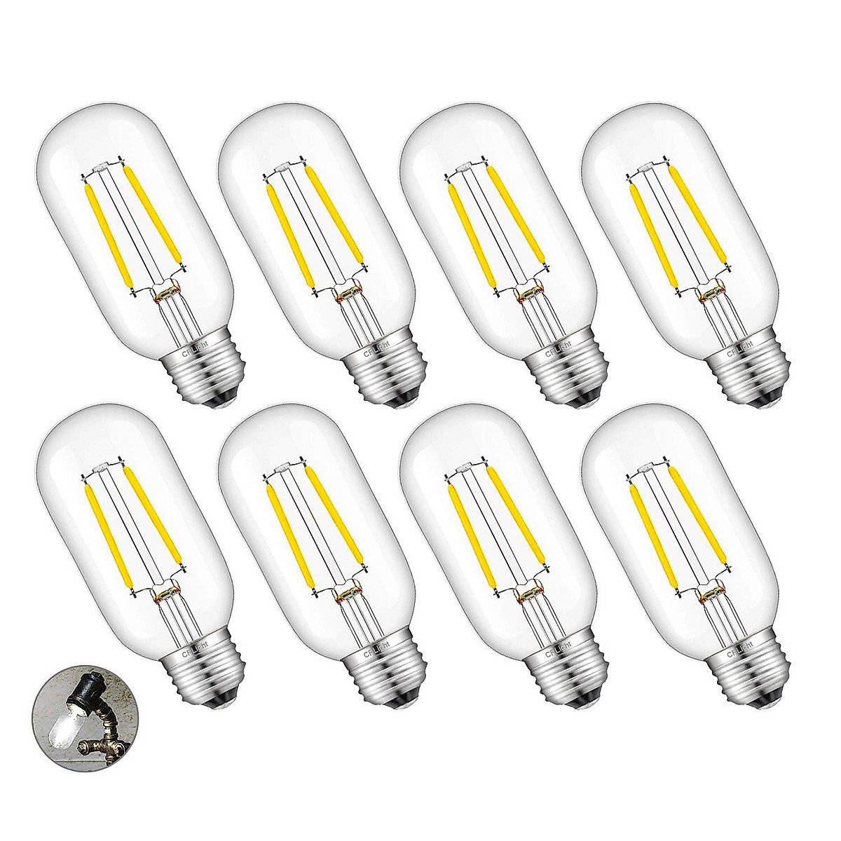 CRLight 2W LED Edison Bulb 4000K Daylight White, 30W Equivalent 300 LM, E26 Vintage Tubular T45 / T14 Clear Glass Dimmable LED Light Bulbs, 8 Pack
