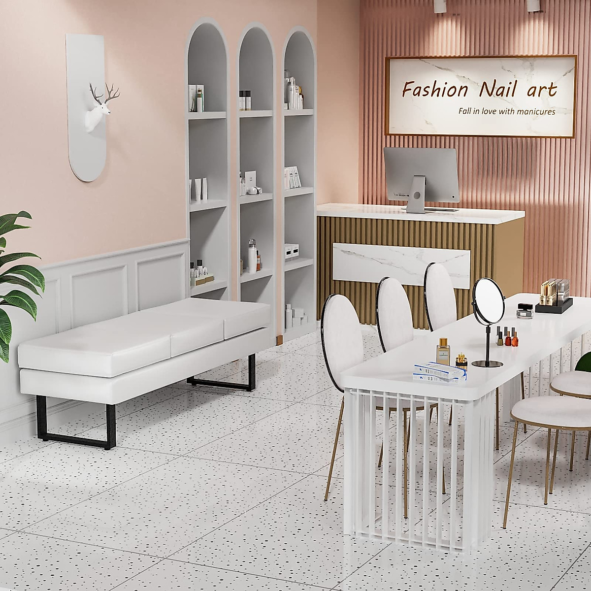 OmySalon Waiting Room Bench for Salon, 59.5'' Reception Bench Office Chair Seating，Faux Leather Guest Lobby Furniture Conference Room Chair for Beauty Barber Barbershop,White