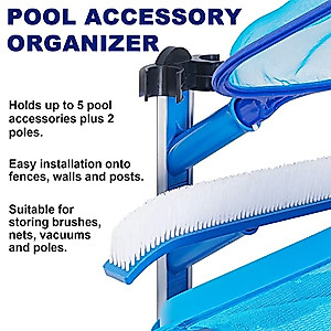 ZOMOFEW Pool Cleaning Accessory Holder, Blue, 5-in-1 Design, Holds Brushes, Nets, Vacuum Cleaners, Poles, Weatherproof