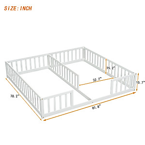 Mirightone Double Floor Bed Frames for Kids, Wood Montessori Bed with Fence Rails, Two Twin Bed Frames for Kids Boys Girls Children, White