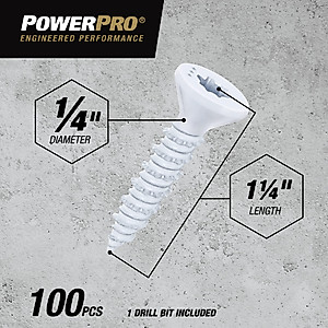 Power Pro White Flat-Head Concrete Screw Anchors (1/4" x 1-1/4") - 100 pc