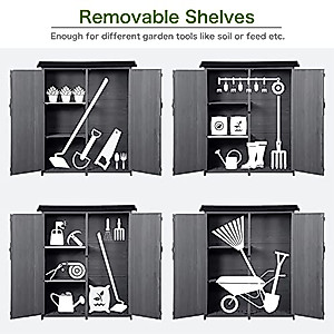 Outdoor Storage Shed with Floor, Wooden Storage Cabinet Waterproof, Garden Tool Shed with 3-Tier Shelves, Outside Vertical Shed with 2 Double Doors, Fir Wood, 2 Locks & Handles (Gray)