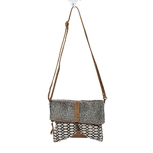 Myra Bag Foldover Cowhide & Upcycled Canvas Crossbody Bag S-1154, Brown, One Size