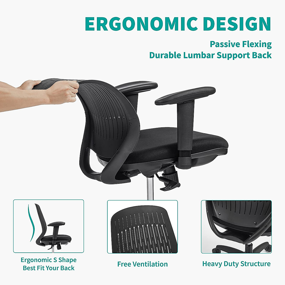 Ergonomic Office Chair, Home Office Work Chairs with Lumbar Support and Adjustable Arms, Swivel Computer Task Chairs with PA Wheels, Removable and Washable Fabric Backrest Cover, Tilt Function Chairs