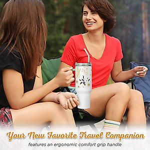 Christian Art Gifts Extra Large Stainless Steel Double Wall Vacuum Insulated Travel Tumbler for Women: Be Still Inspirational Scripture, Lid, Reusable Straw, Wide Handle, White & Teal Floral, 40 oz.