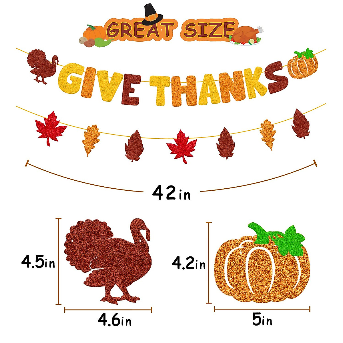Give Thanks Banner Fall Autumn Leaves Turkey Thanksgiving Day Theme for Happy Thanksgiving Grateful Thankful Blessed Party Supplies Glitter Gold Decorations