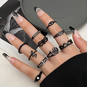 KISS WIFE Gold Knuckle Rings Set for Women, Dainty Simple Trendy Cute Stackable Finger Rings Pack, Stacking Layering on Thumb and Knuckle, Mixed Size (Black)