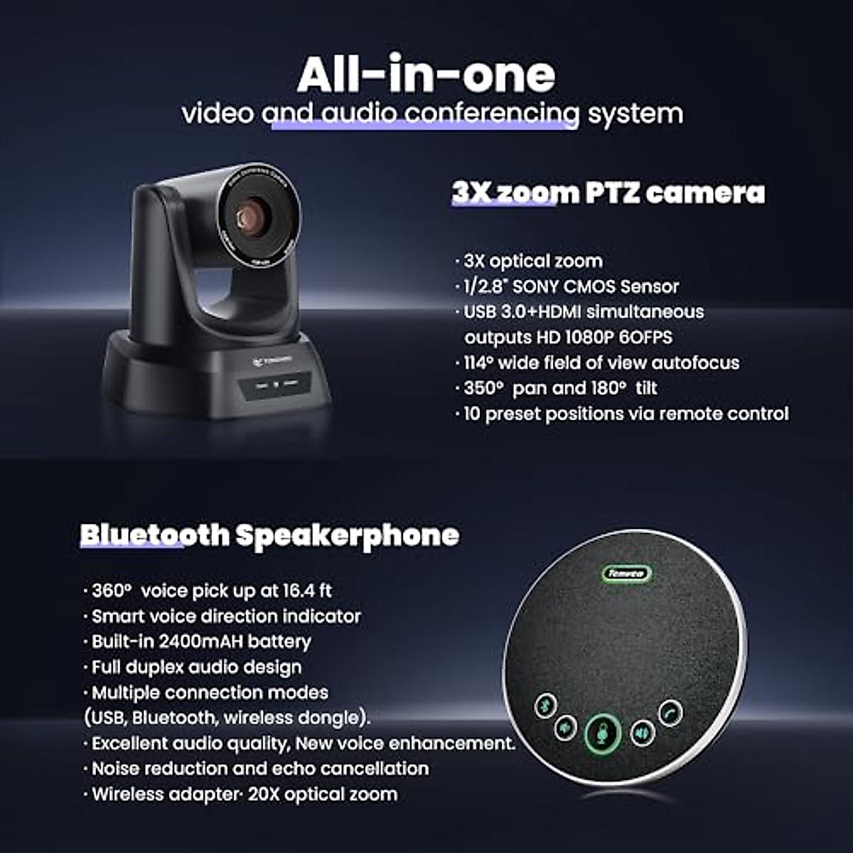 TONGVEO Conference Room HDMI 60fps USB3.0 Camera System with Bluetooth Microphone and Speaker | 3X Optical Zoom 1080P PTZ Video Camera Kit |with Speakerphone | for Church Home Office(UVC1.1)