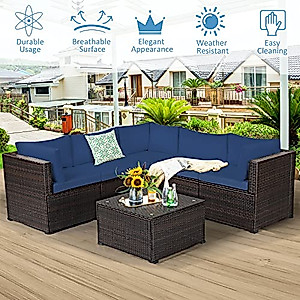 DORTALA 6PCS Rattan Patio Sectional Sofa Conversation Set, Outdoor Rattan Sofa Set w/Cushions, Multiple Combinations Conversation Set for Porch Garden Poolside Balcony, Navy