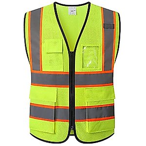 Ekkosafety Reflective Mesh Safety Vest for Men Women with 5 Pockets and Zipper Front High Visibility Mesh Vest Hi Vis Construction Work Vest,Meets ANSI/ISEA Standards(EK175-Yellow-L)