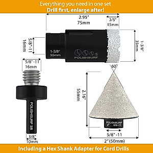 Diamond Core Drill Bits 1-3/8 Inch and Beveling Chamfer Bits 2 Inch Kit Vacuum Brazed Hole Saw with 5/8-11 Thread Plus 3/8 Inch Hex Shank Adapter (Set-2 with 1-3/8" (35mm) Diamond Core Drill Bit)