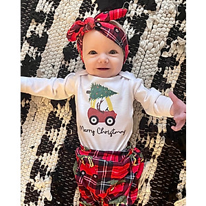 FYBITBO My First Christmas Baby Boy Girl Outfit Newborn Long Sleeve Bodysuit Romper Pants Set Fall Winter Clothes (White Merry Christmas Letter Print, 6-12 Months)