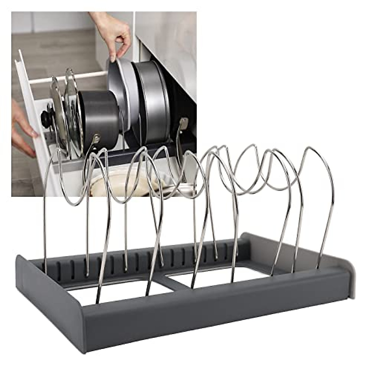 Pots and Pans, Multifunction Expandable Pot Rack with 7 Dividers Flexible Stable Kitchen Organization and Storage for Dish, Pot Lid, Cutting Board, Bakeware