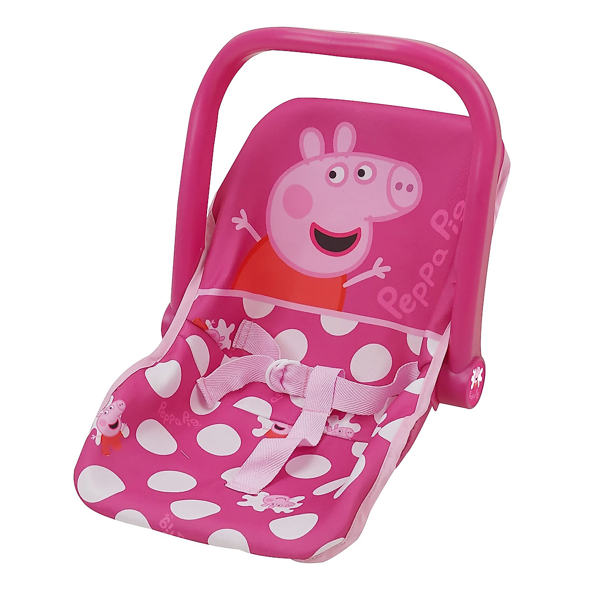 Peppa Pig: Baby Doll Car Seat - Pink & White Dots - Fits Dolls Up to 18" Convertible Into A Feeding Chair, Plastic Shell W/Fabric, Harness Belt, Pretend Play for Kids Ages 3+