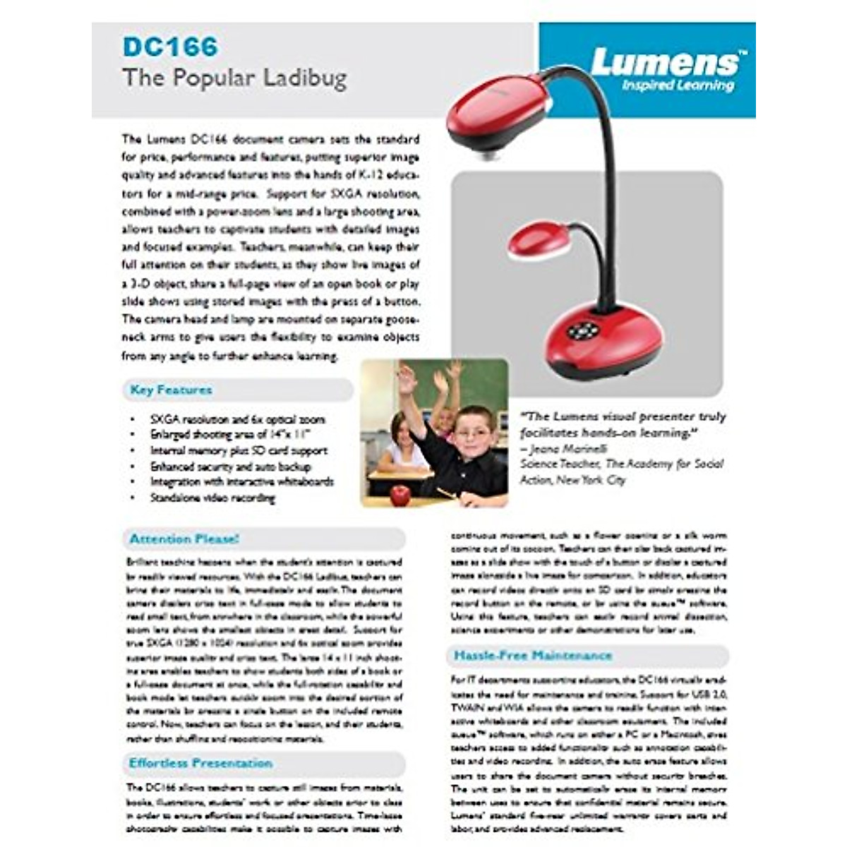 Lumens DC166 Ladibug SXGA XGA WXGA 6x Optical 8x Digital 20fps Document Camera