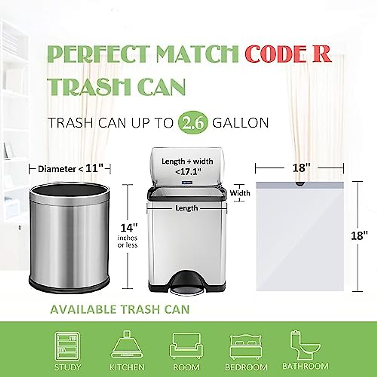 2.6 Gallon 220 Counts Strong Drawstring Trash Bags Garbage Bags by Teivio, Bathroom Trash Can Bin Liners, Small Plastic Bags for home office kitchen,Code R fit 10 Liter, 2,2.5,3 Gal