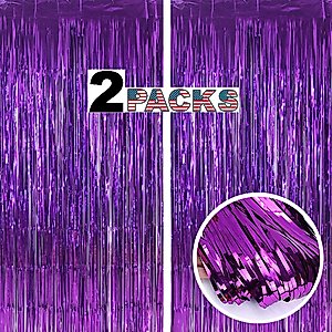 Purple Backdrop Curtains for Party Decorations - 6.5x8.2 ft, Pack of 2 | LILF Non-Marking Tape Foil Fringe Curtain Streamers Tinsel Backdrop for Birthday Bachelorette Party Photo Booth Props