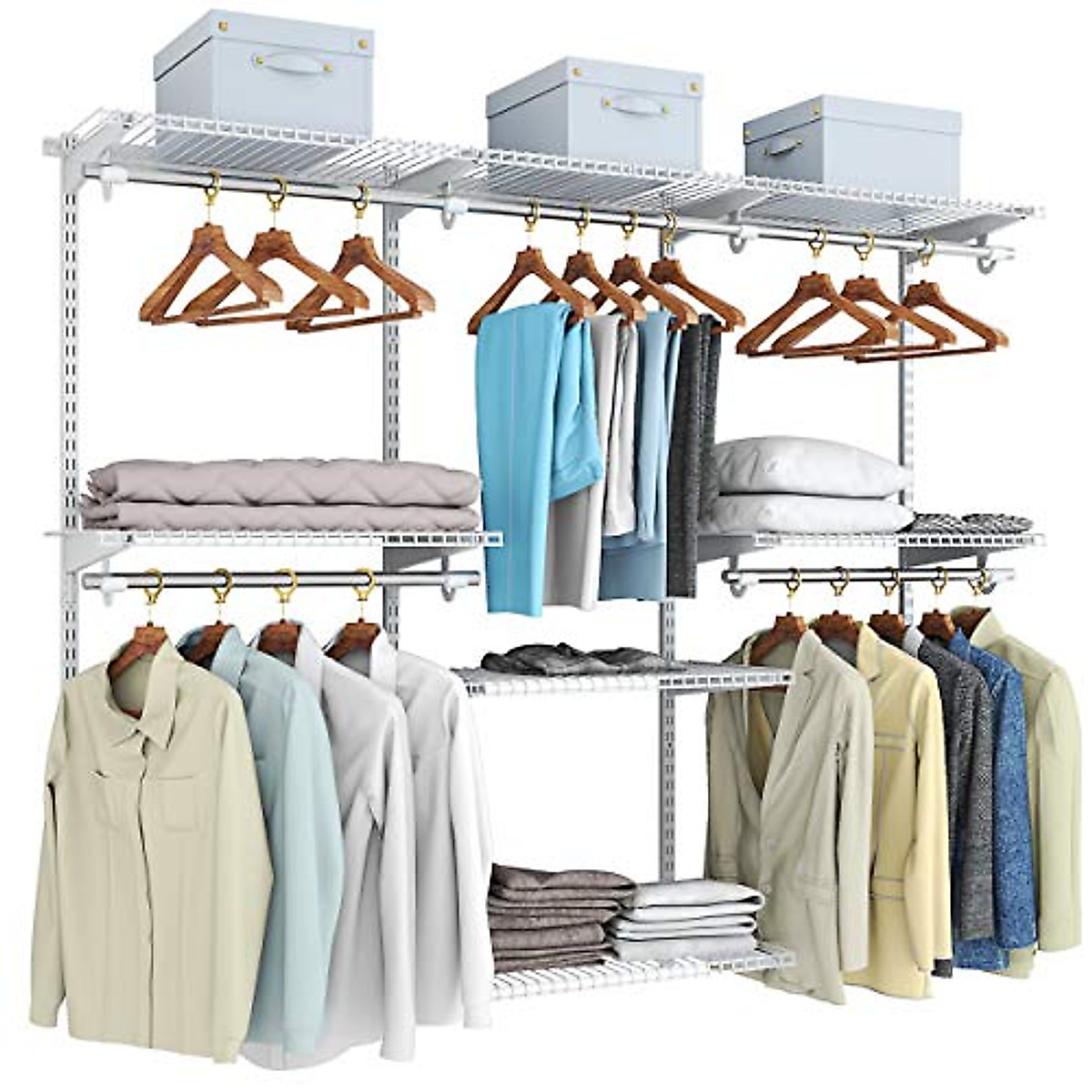 Moccha Custom Closet Organizer System, Wall Mounted Closet System with Hanging Rod, Metal Hanging Storage Organizer Rack Wardrobe with Shelves, Adjustable Closet Organizer Kit for Bedroom, White
