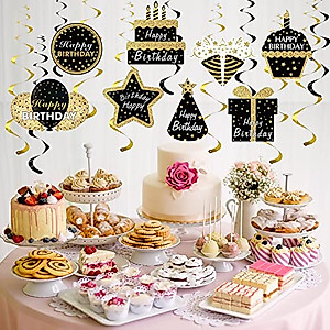 Black Gold Birthday Hanging Swirls Decorations for Mens Women, 16Pcs Happy Birthday Foil Swirl Party Supplies, 10th 16th 21st 30th 40th 50th 60th Bday Ceiling Swirl Decor