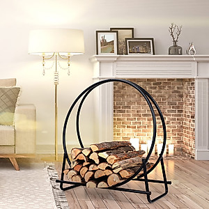 PHI VILLA 30 Inch Log Hoop Firewood Rack Curved Fireplace Wood Storage Holder Wood Stove Accessories,Indoor/Outdoor Heavy Duty Iron Black