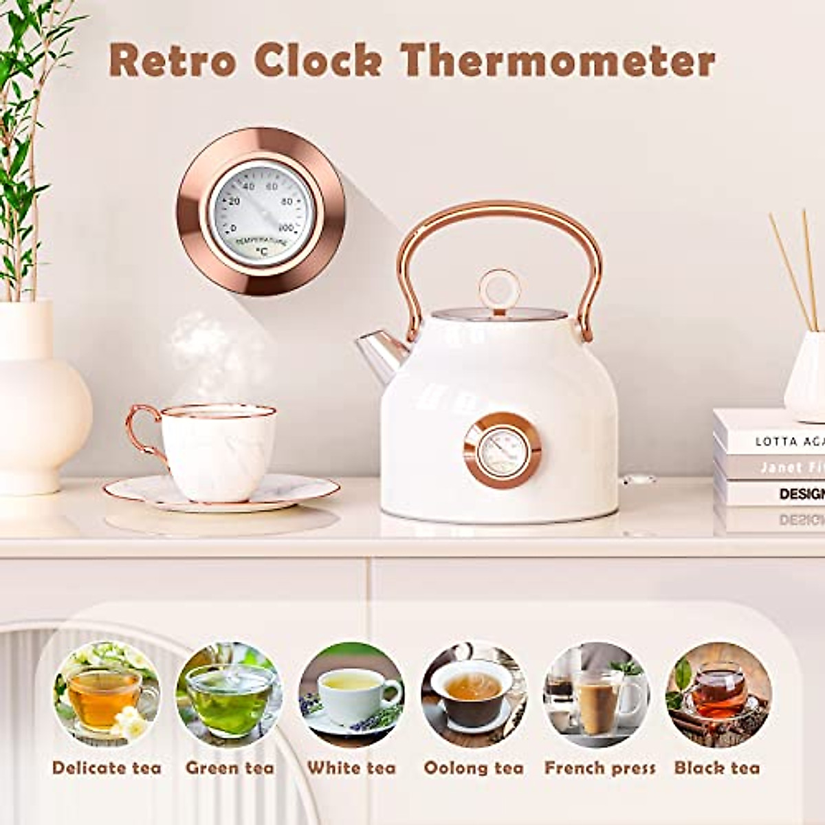 NESSGRAIM Retro Electric Kettle, 1.7L Stainless Steel Tea Kettle with Large Temperature Gauge, 1500W Fast Heating Hot Water Boiler with LED Indicator, Auto Shut-off & Boil-Dry Protection-Elegant White