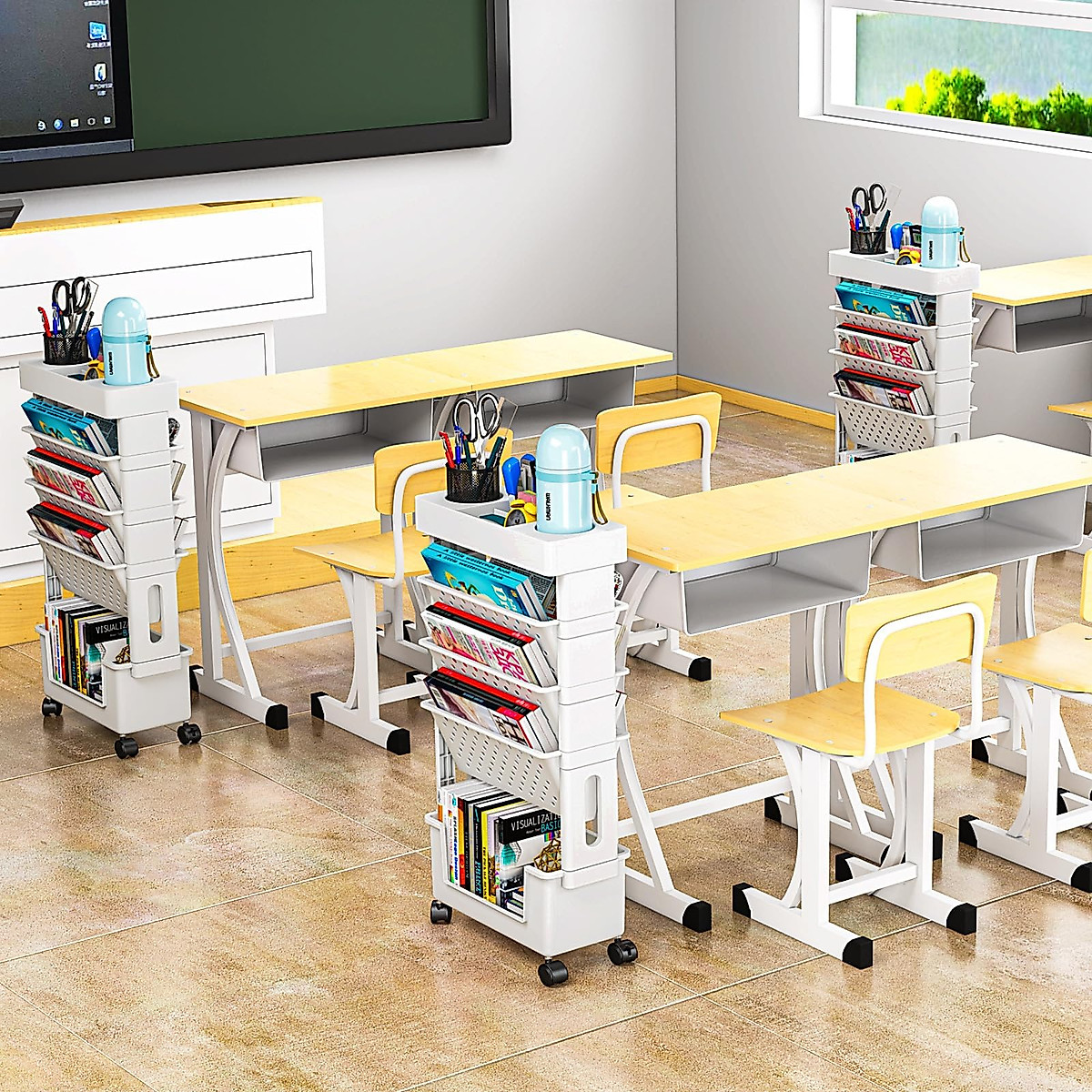 5 Tier Book Rack Storage Bookshelf, Rolling Utility Cart Multi-Functional Movable Storage Book Shelves with Lockable Casters, Mobile Bookshelf with Wheels, Movable Unique Bookcase Small Rolling Cart