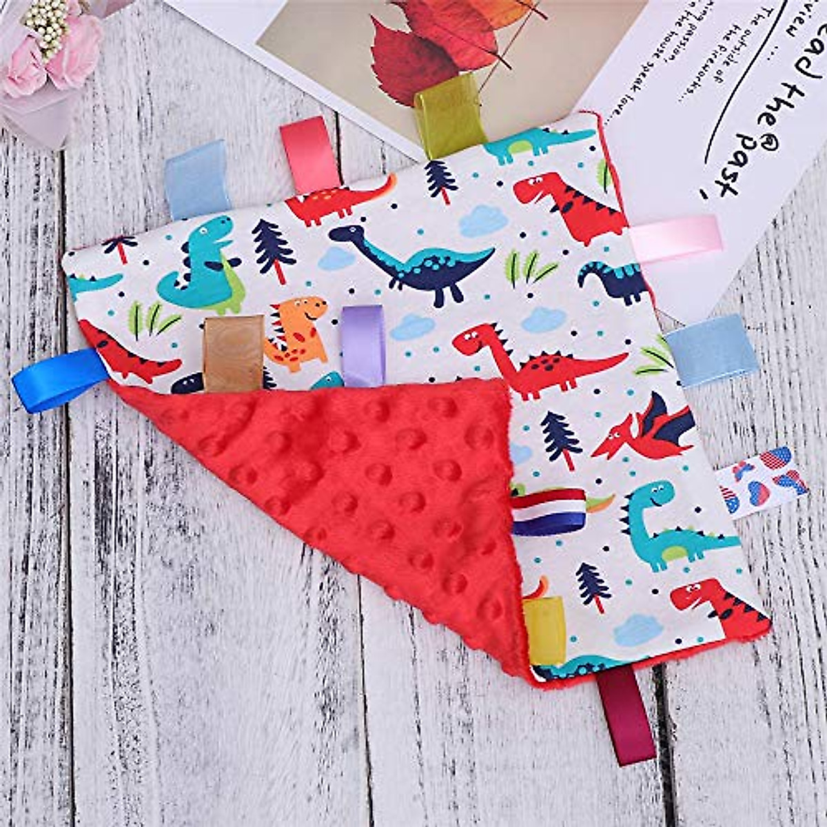 G-Tree Baby Comfort Blanket with Tag, Multi-Coloured Dinosaurs Tag, FOMUNI Taggy Blanket - Red Textured Underside