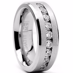 Metal Masters 8 MM Men's Titanium Ring Wedding Band with 9 Large Channel Set Cubic Zirconia CZ Size 12