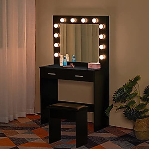 OFCASA Vanity Desk with Mirror and Lights, Vanity Set with 3 Colors Lights, Makeup Table with Mirror and Chair, Adjustable Nightstand, Solid Wood Legs, Bedroom Dressing Table (Black)