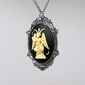Real Metal Sitting Satanic Baphomet Cameo In Silver Finish Frame Necklace Pendant Ivory on Black