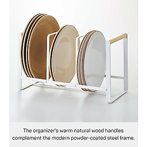 Yamazaki Plate Home Accented Storage Rack-Kitchen Holder Stand | Steel + Wood | Large | Dish Organizer, White
