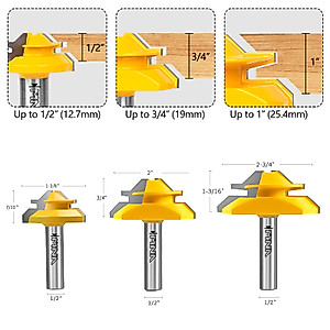 MNA 45 Degree Lock Miter Router Bit 3-Piece Set, for 1/2”, 3/4”, 1” Cutting Height, 1/2 Inch Shank. Easy to Create Lock Miter Joint