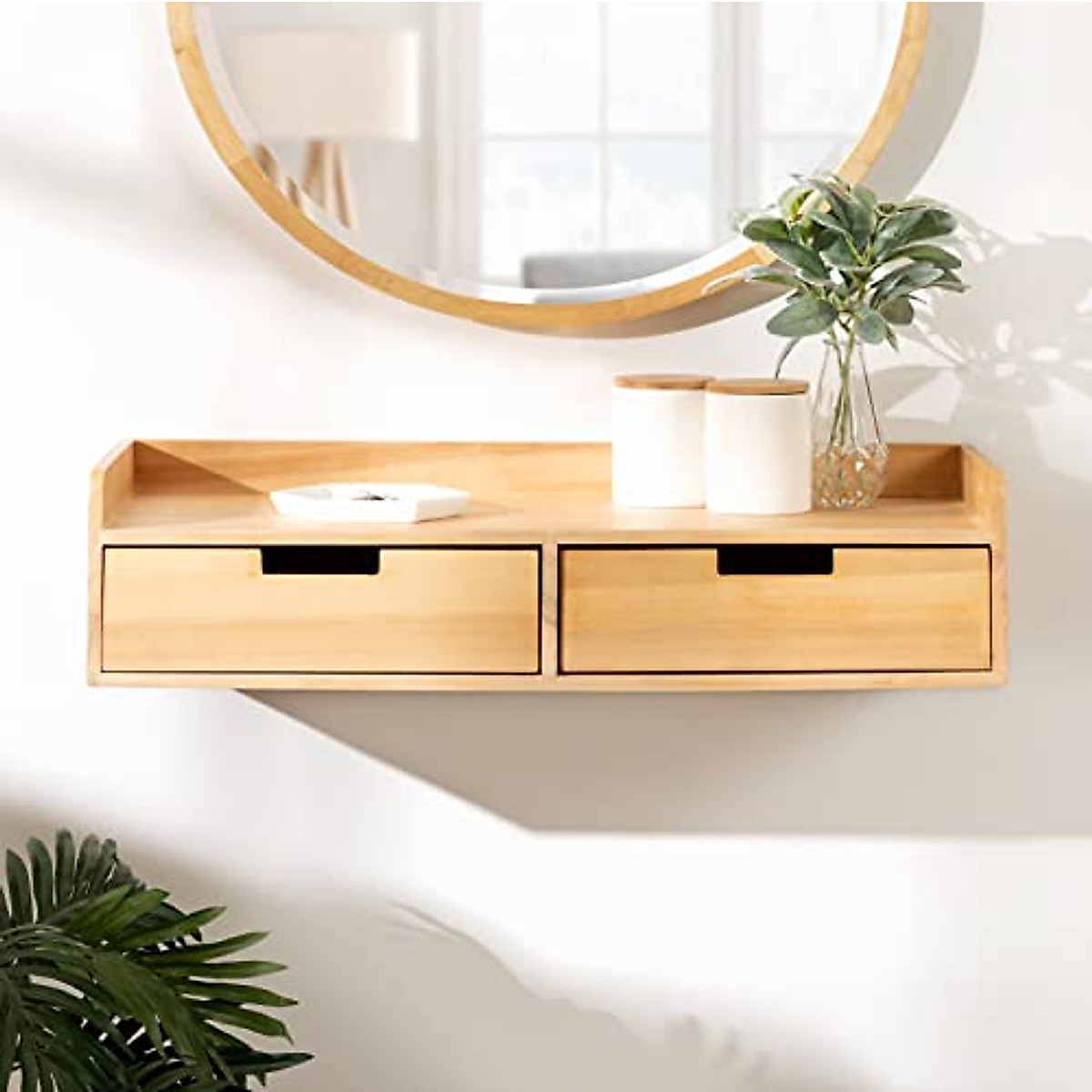 Kate and Laurel Kitt Modern Floating Desk, Natural Wood, Scandinavian Wall Mounted Double Drawer Console Table for Storage and Display, 28x12x6.5
