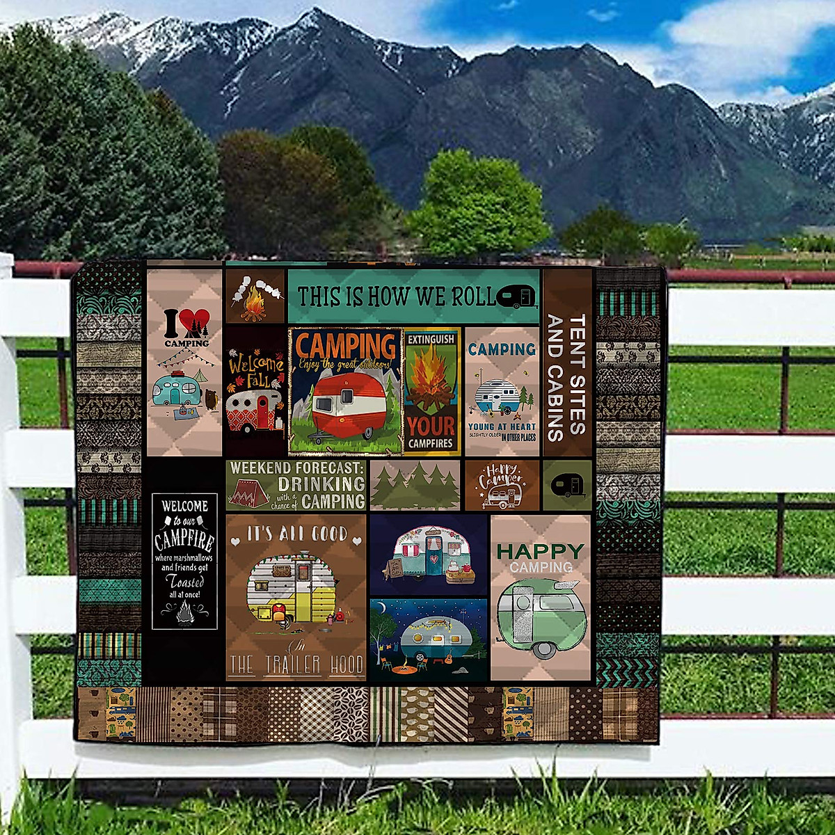 LIVIN' ILLUSION Camping1 Quilt Pattern Blanket Quilted Christmas Birthday Customized Little Kids Graduation Gifts All Season Warm Quilt Blanket for Bed Sofa (Queen 80"×90"(200cm×230cm))