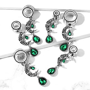 Pierced Owl Vintage Filigree Moon Dangling Vibrant Green Stone Set Flesh Tunnel Plugs, Sold as Pair (10mm (00GA))