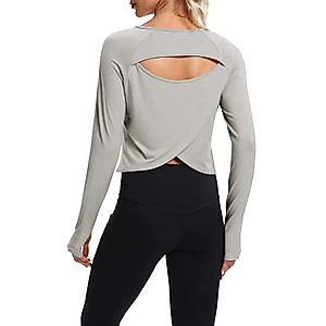 Bestisun Cute Crop Top Backless Long Sleeve Workout Yoga Exercise Tops Running Shirts Yoga Gym Training Clothing Athletic Wear for Women Light Gray L