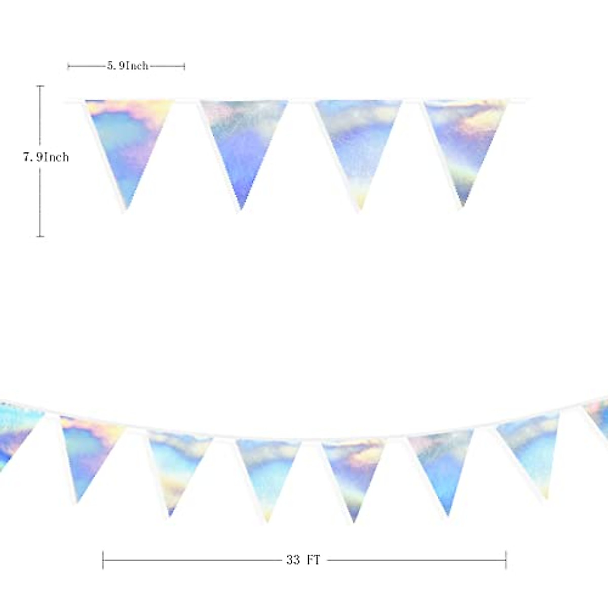 33Ft Iridescent Party Decoration Holographic Fabric Triangle Pennant Banner Flag Cotton Bunting Garland for Birthday Wedding Bridal Shower Bachelorette Engagement Disco Euphoria Galaxy Party Supplies