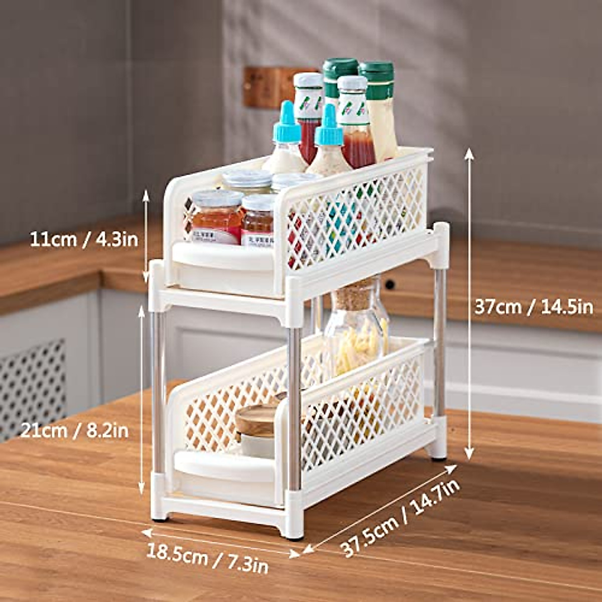 Toplive 2 Tier Spice Rack Lazy Susan Organiser with Sliding Drawer Organiser, Under Sink Organisers and Storage Rack Pull Out Cabinet Basket Organiser for Bathroom Kitchen Bedroom