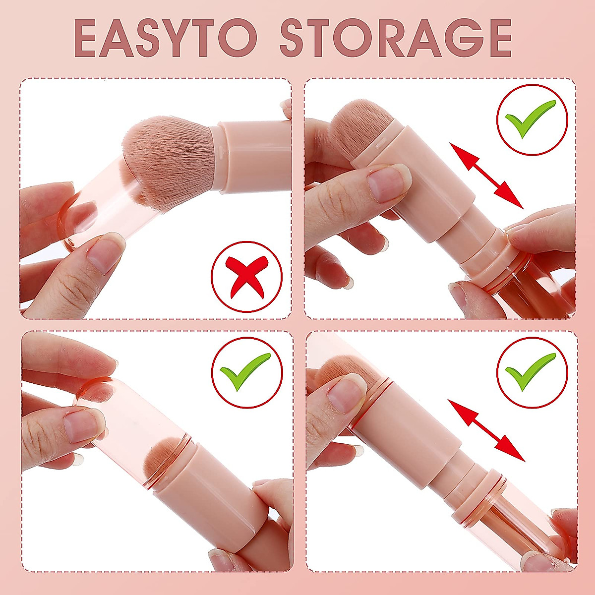 Molain Retractable Makeup Brush, 4 in 1 Portable Travel Lip Brush, Highlight Brush, Eyeshadow Brush, Foundation Blending Powder Brush Mini Facial Cosmetic Makeup Brush Set (Pink)