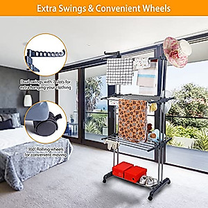 Moclever Clothes Drying Rack,3-Tier Collapsible Rolling Dryer Clothes Hanger Adjustable Large Stainless Steel Garment Laundry Racks with Foldable Two Side Wings Grey Indoor Outdoor