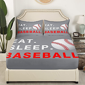 Baseball Bed Sheet Set Boys Ball Sports Theme Sheets Set Full Size for Kids Teens Ultra Soft Baseball Games Lover Sheets with Deep Pocket Fitted Sheet Gray Bed Set Room Decor