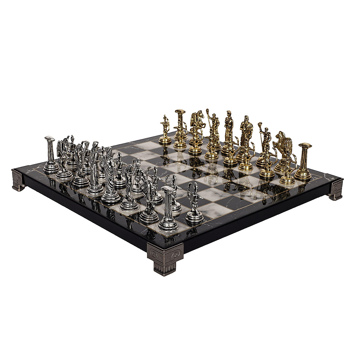 Chess Set (8, 10, 12, 13 Inch) - Greek Mythology, British, Roman Metal Pieces, Marble Look Wooden Chess Board… (NO2 Roman)