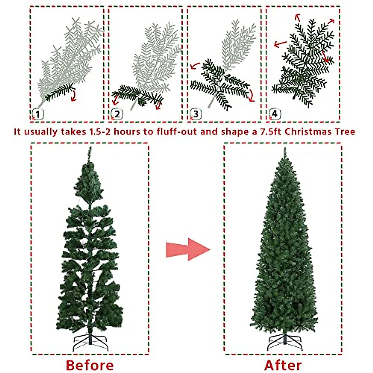 Yaheetech 7.5ft Pre-lit Kingswood Fir Pencil Artificial Hinged Christmas Tree Skinny Corner Xmas Tree with 350 Incandescent Warm White Lights Prelighted Xmas Tree with Foldable Stand, Green