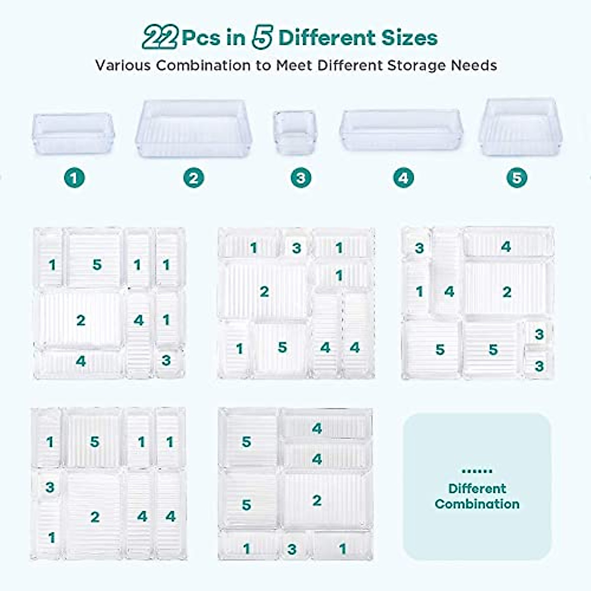 Kootek 22 Pcs Desk Drawer Organizer Set 5-Size Bathroom Drawer Tray Dividers Versatile Storage Bins Plastic Vanity Trays Organizers Divider Container for Dresser Makeup Kitchen Utensil Office