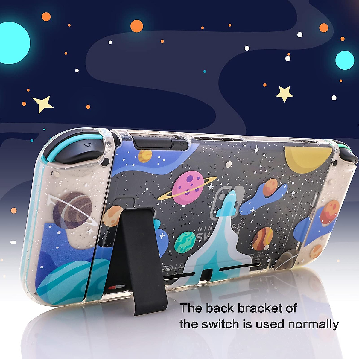 NANANINO Switch Clear Glitter Case, Switch TPU Case, Switch Protective Case with Animal Crossing Thumb Grips and Tempered Glass Screen Protector - Rocket Theme